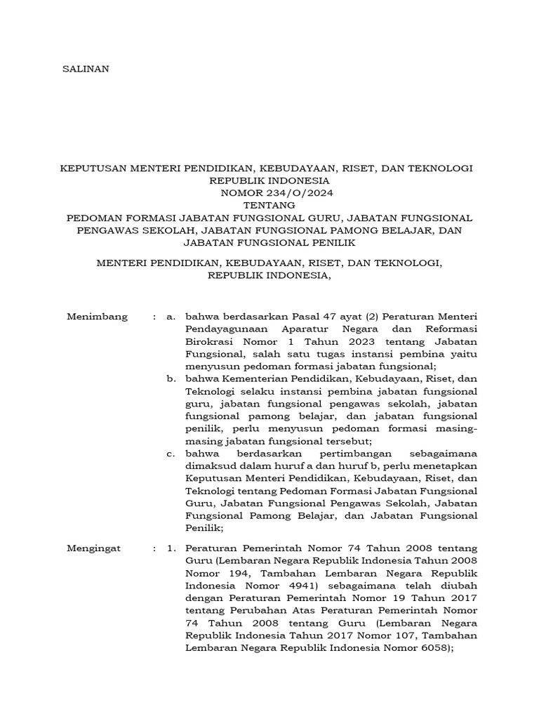 Salinan Kepmen Nomor 234 O 2024 Tentang Pedoman Formasi Jafung Guru ...