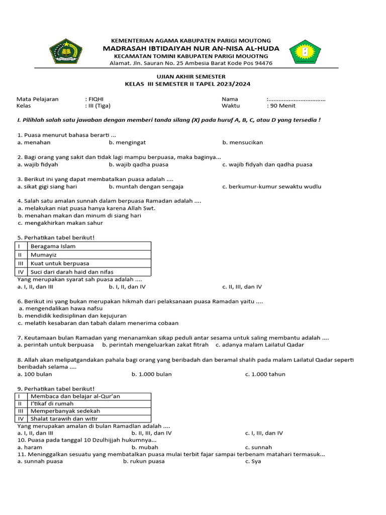 Soal Pat Fiqih Kelas 3 | PDF