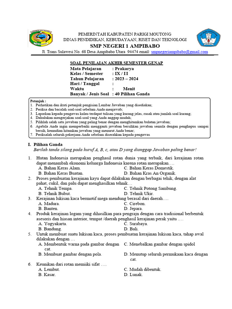 Soal PAS Prakarya Kelas 9 K13 | PDF | Seni