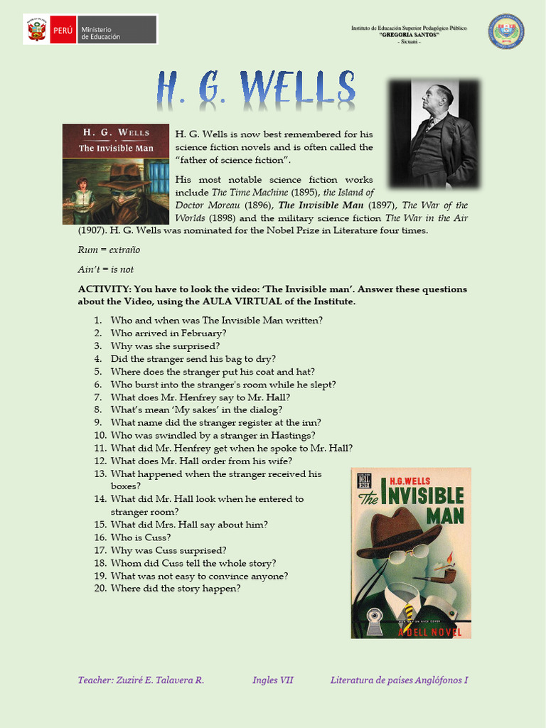H.G. Wells' "The Invisible Man" Quiz | PDF | The Invisible Man | Novels ...