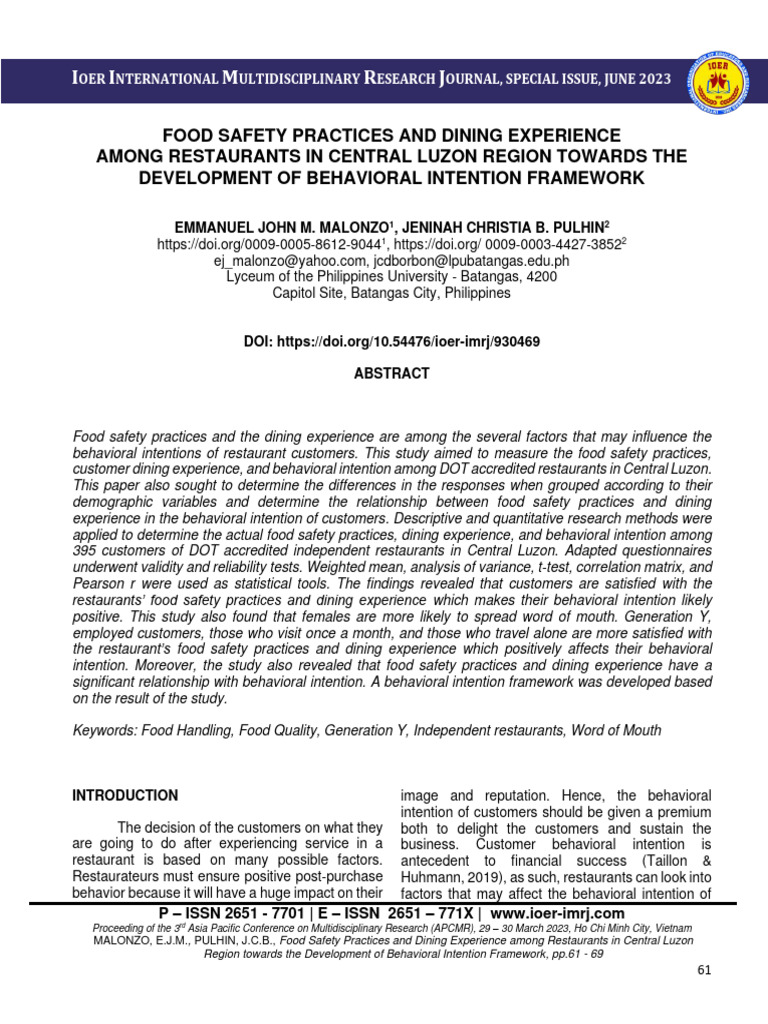 Food Safety Practices and Dining Experience Among Restaurants in ...