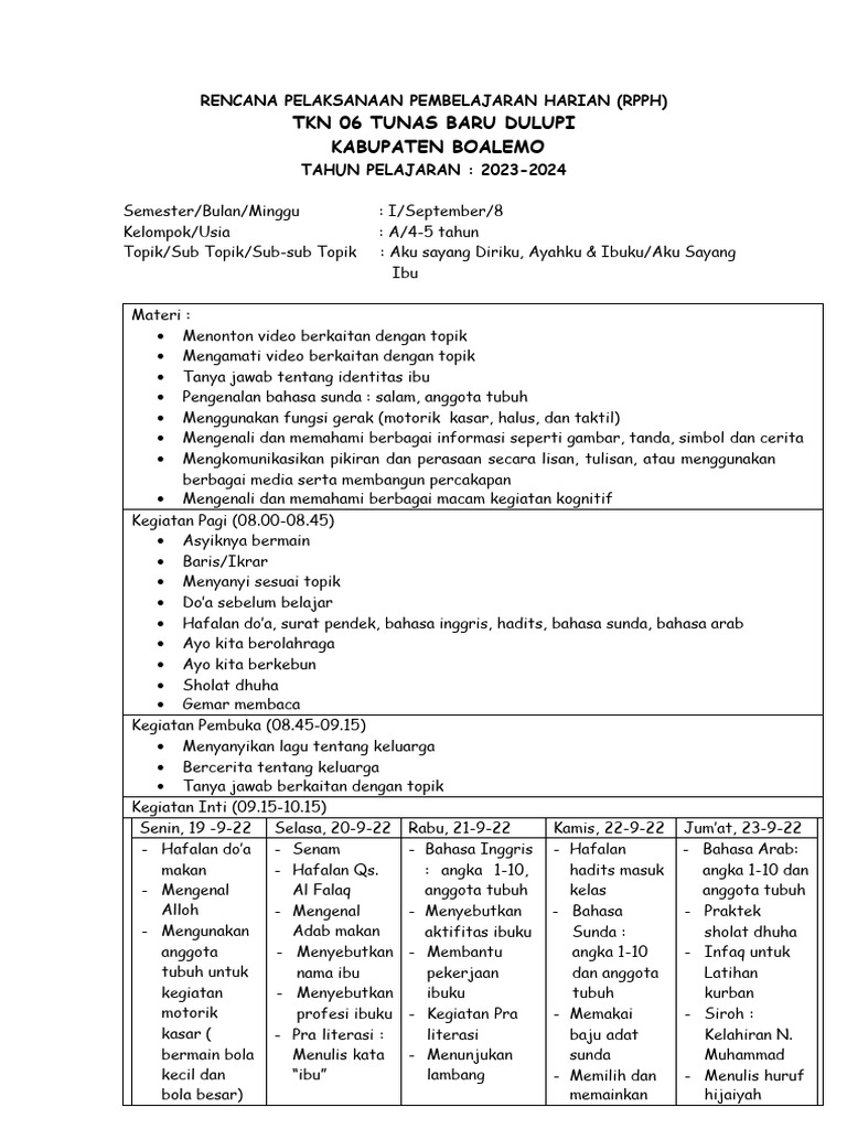 RPPH Diriku Minggu Ke 8 A | PDF