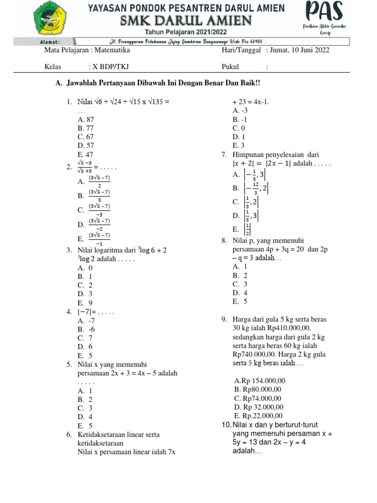 Jumat SOAL MTK X PAS GENAP 2022 Selesai | PDF | Metode & Bahan Ajar