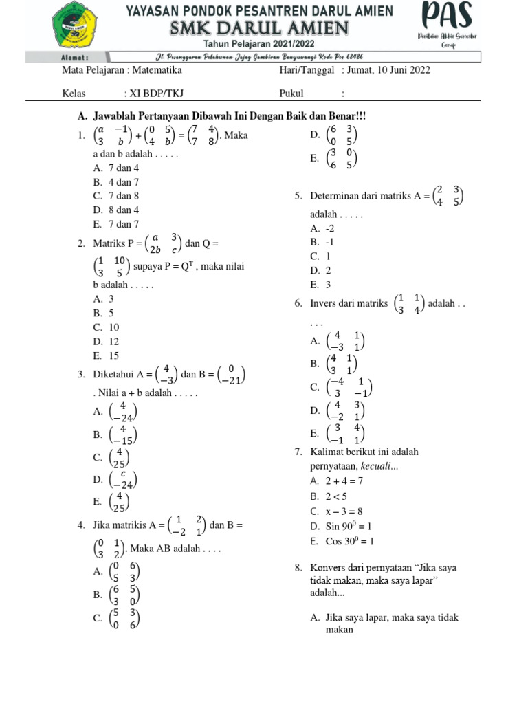 Jumat SOAL MTK XI PAS GENAP 2022 Selesai | PDF | Metode & Bahan Ajar