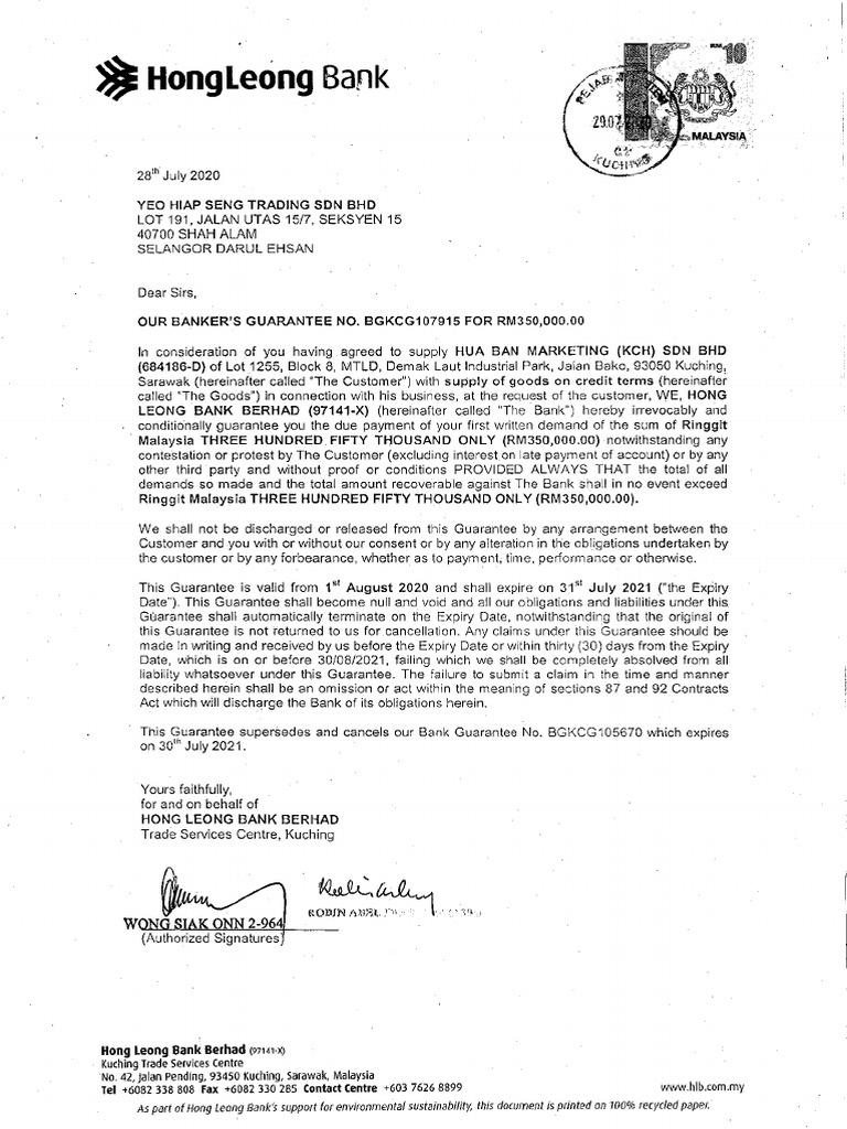 Hua Ban KCH Bank Guarantee | PDF