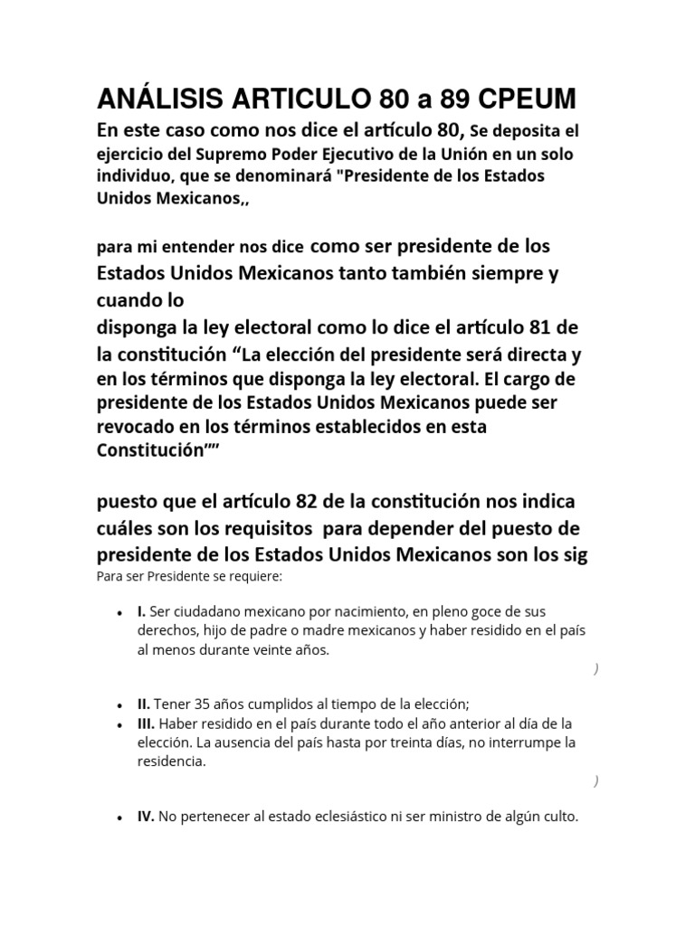 Análisis Articulo 80 A 89 Cpeum | PDF | México | Constitución