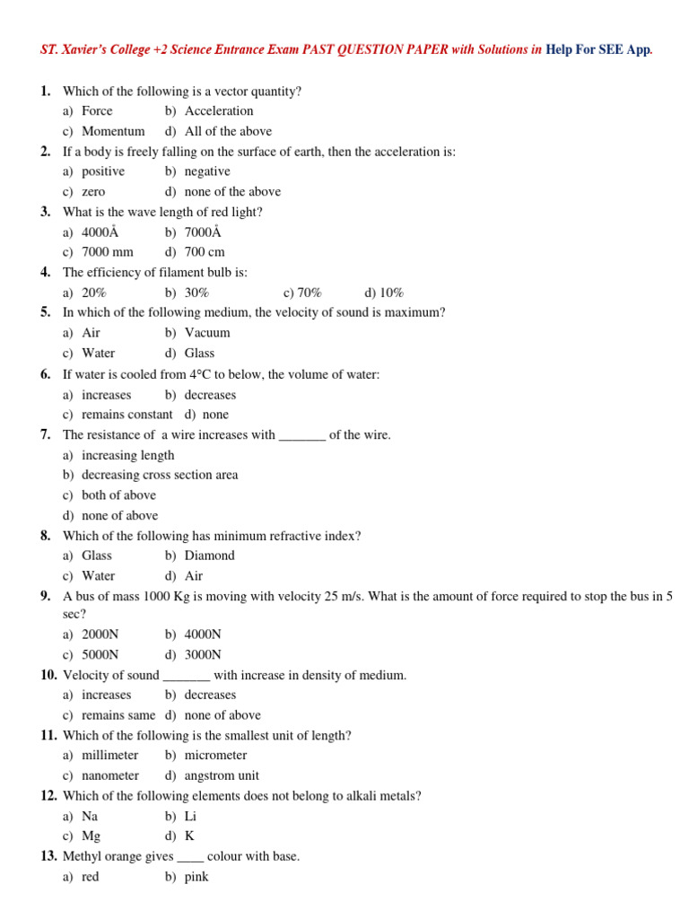 St. Xavier's Science Entrance Exam Paper | PDF | Force | Acceleration