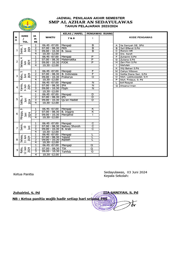 2023 - Jadwal Ujian Pas | PDF