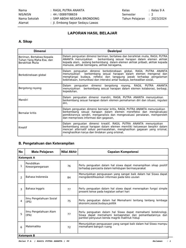 Laporan Hasil Belajar Ragil | PDF | Karier & Perkembangan