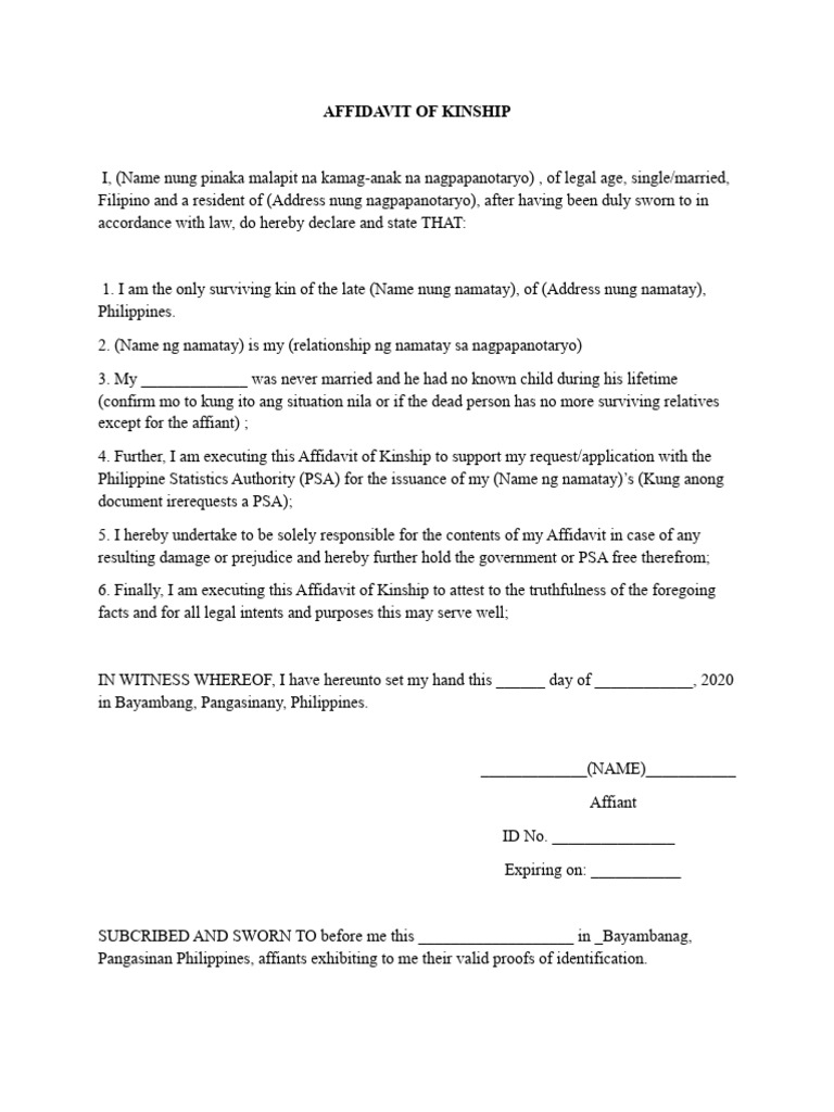 Affidavit of Kinship Sample Philippines | PDF