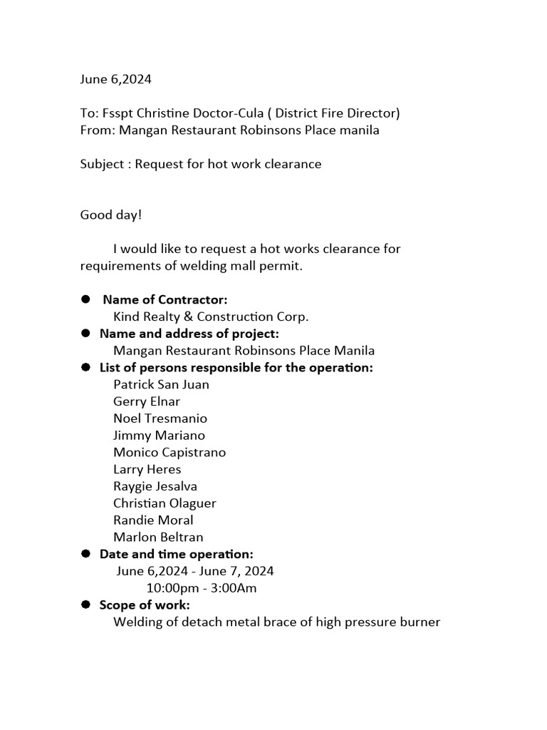 Hot Work Clearance Request for Welding | PDF | Law