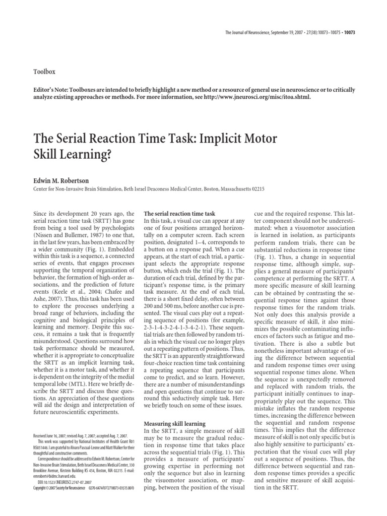Robertson, E. The Serial Reaction Time Task | PDF | Psychology | Psychological Concepts