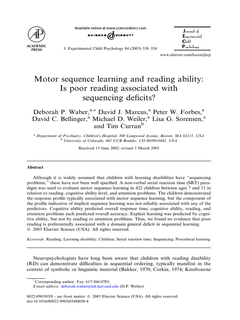 Waber, D. Motor Sequence Learning and Reading Ability | PDF | Intelligence Quotient | Regression ...