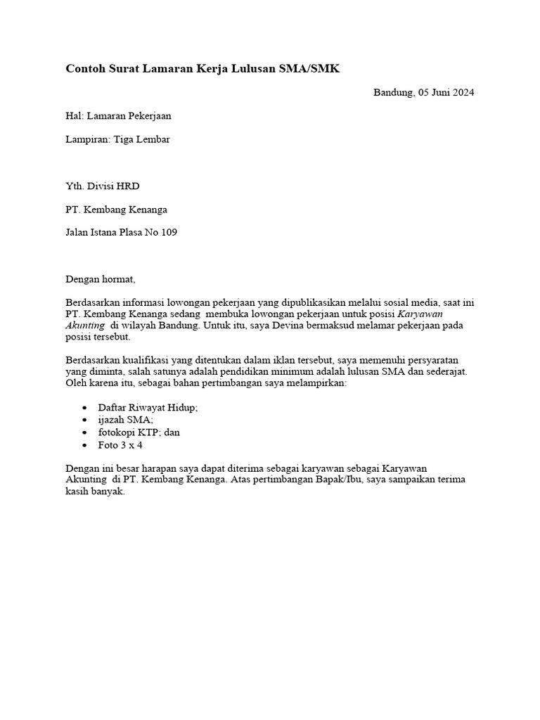 Contoh Surat Lamaran Kerja Lulusan SMA/SMK | PDF