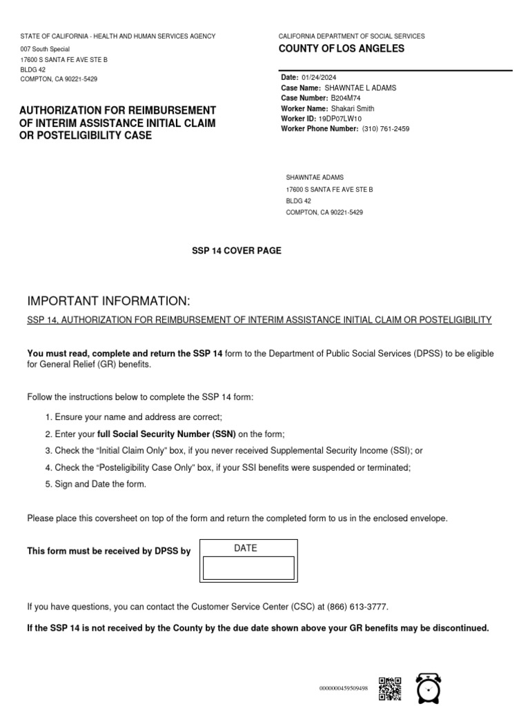 Authorization For Reimbursement of Interim Assistance Initial Claim or ...
