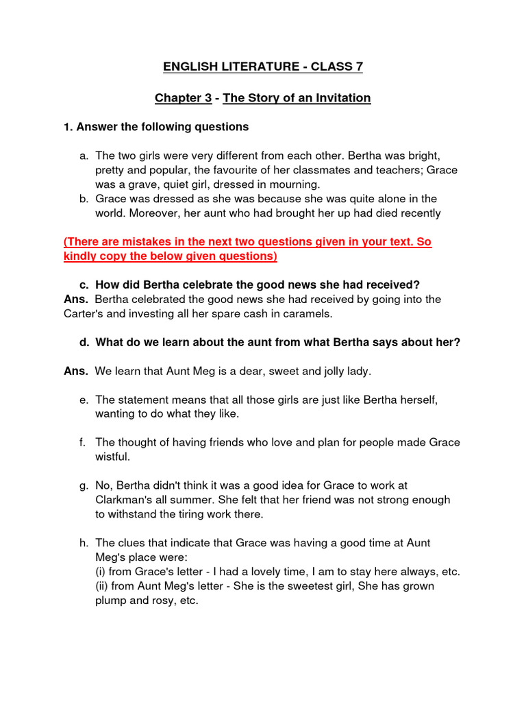 Invitation Story: Class 7 Q&A Guide | PDF