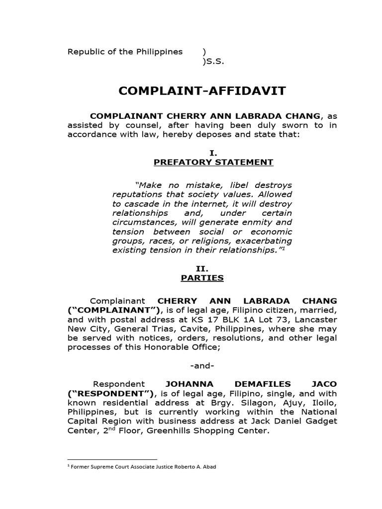 Libel Complaint by Cherry Ann Labrada | PDF | Defamation | Affidavit