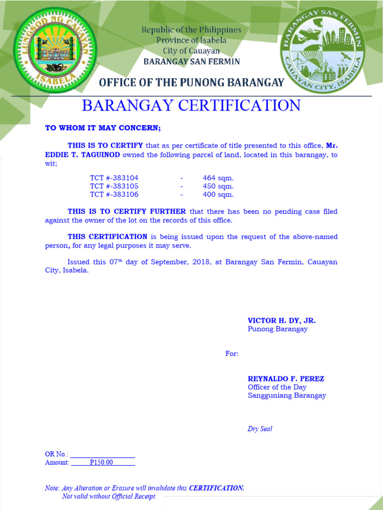 2018 Certification - Land Ownership (Eddie Taguinod) | PDF