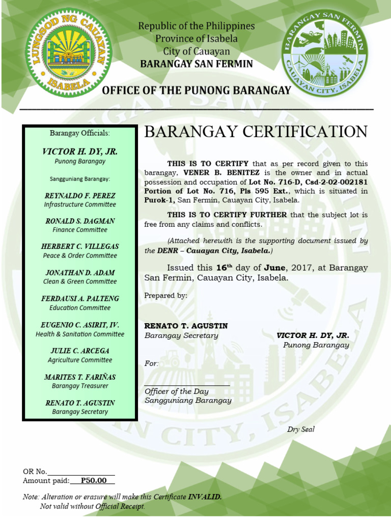 Barangay Certification for Lot Ownership | PDF