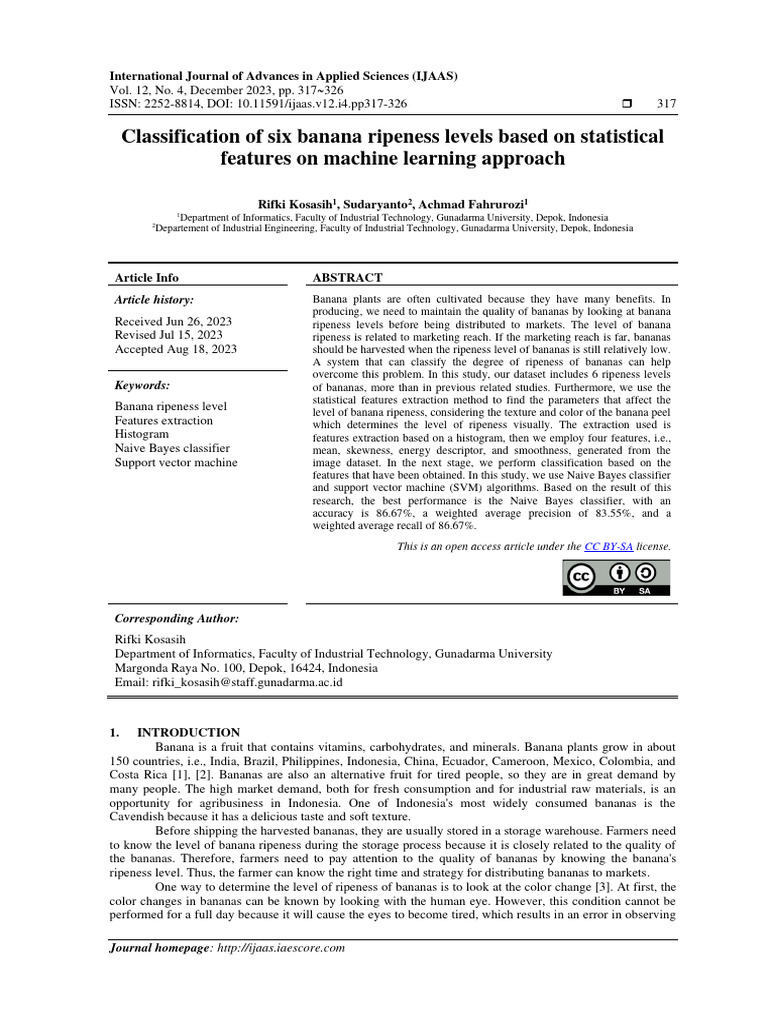 Classification of Six Banana Ripeness Levels Based On Statistical ... Classification of Six Banana Ripeness Levels Based On Statistical ...