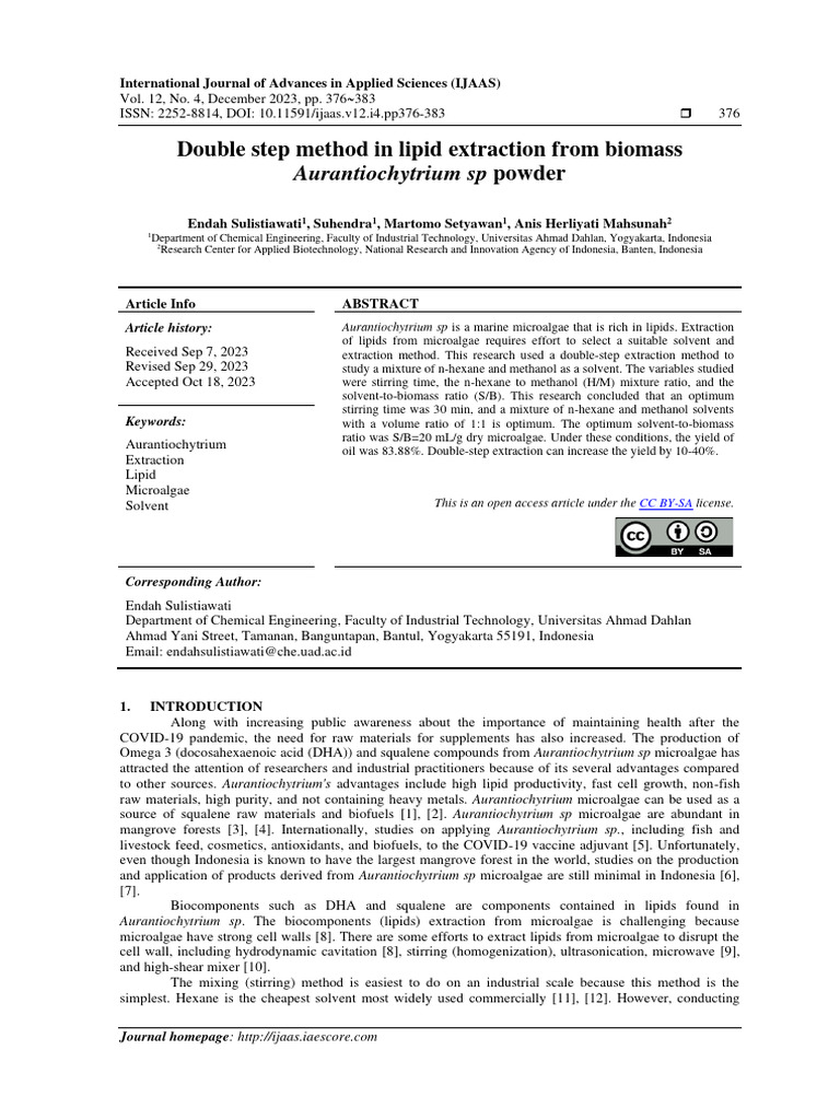 Double Step Method in Lipid Extraction From Biomass Aurantiochytrium SP ...