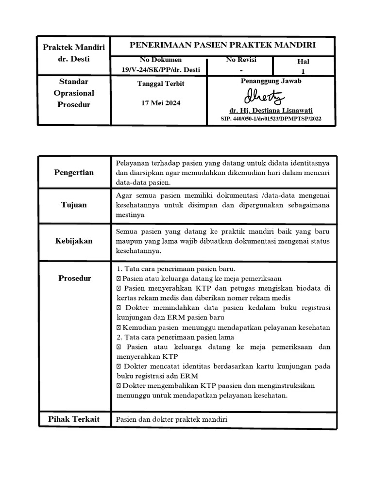 Praktek Mandiri Dr. Desti Spo Pendaftaran | PDF