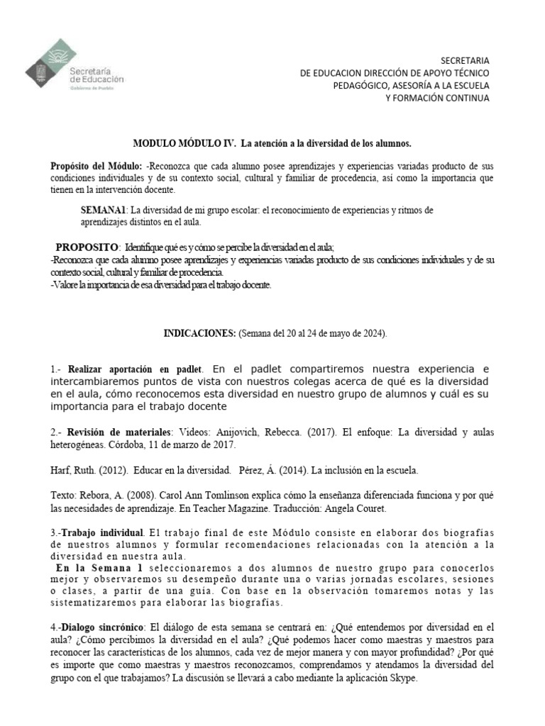 Indicaciones Semana 1, Modulo Iv | PDF | Maestros | Salón de clases