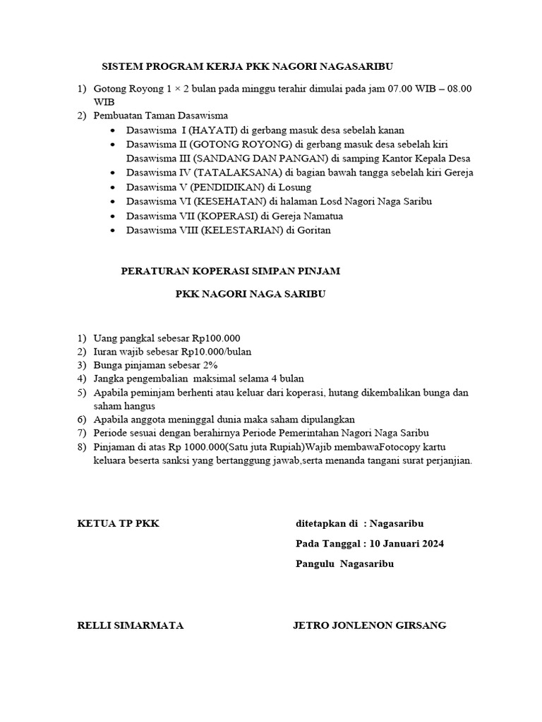 Contoh Program Kerja PKK Nagasaribu 2024 | PDF