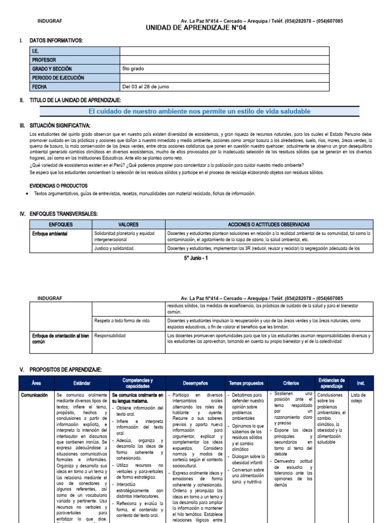5° Grado - Unidad de Aprendizaje N°04 | PDF | Ecuaciones | División (Matemáticas)