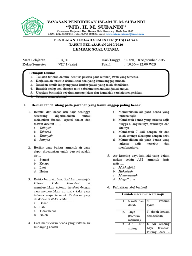 SOAL PTS Fiqih SMT 1 | PDF
