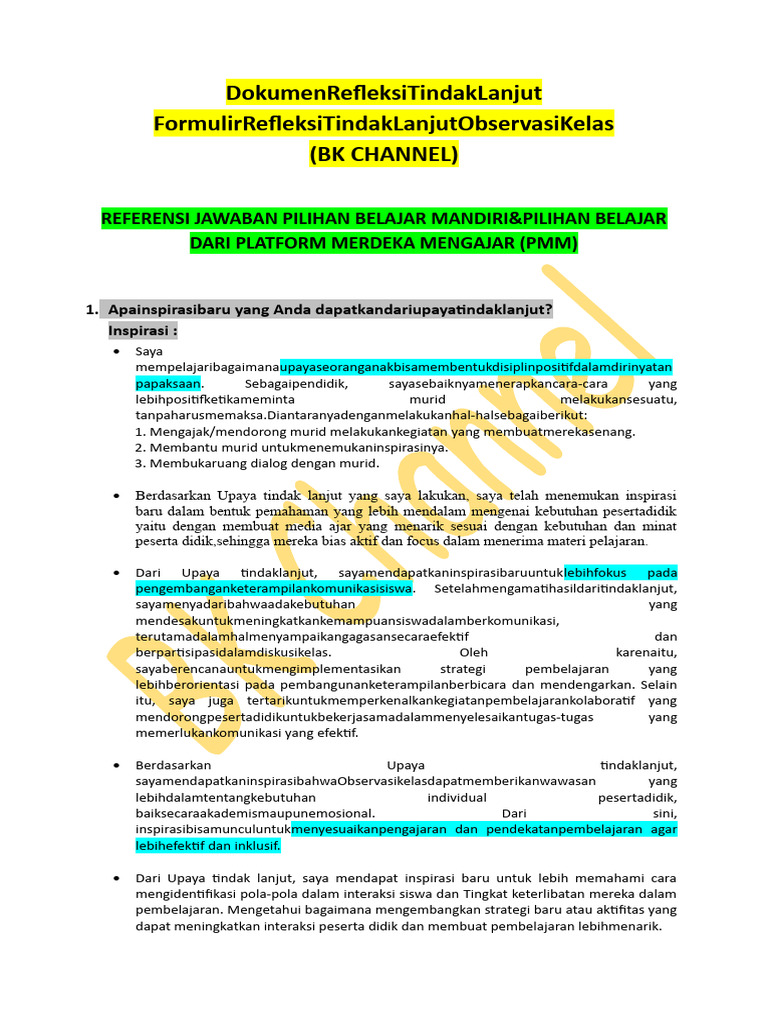 Refleksi Tindak Lanjut Observasi Kelas (BK CHANNEL) | PDF