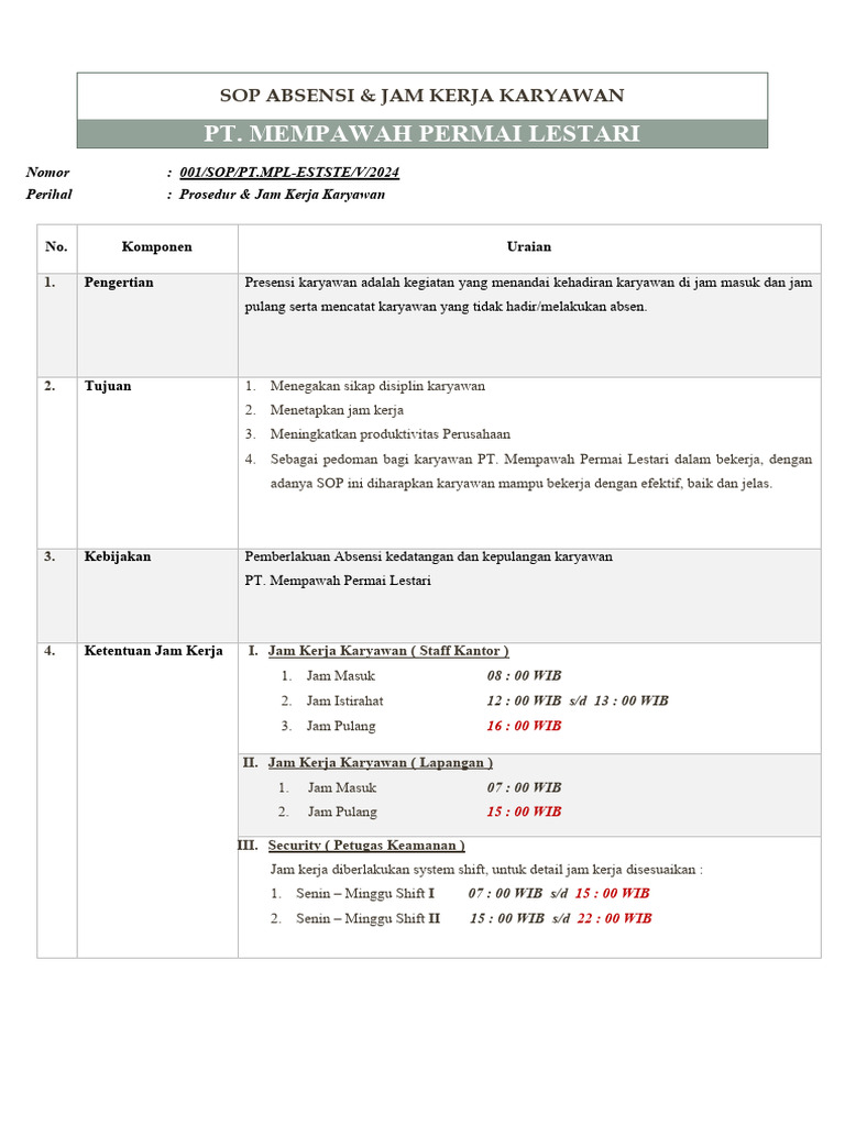 Sop Absensi Berlaku Mulai Mei 2024 | PDF