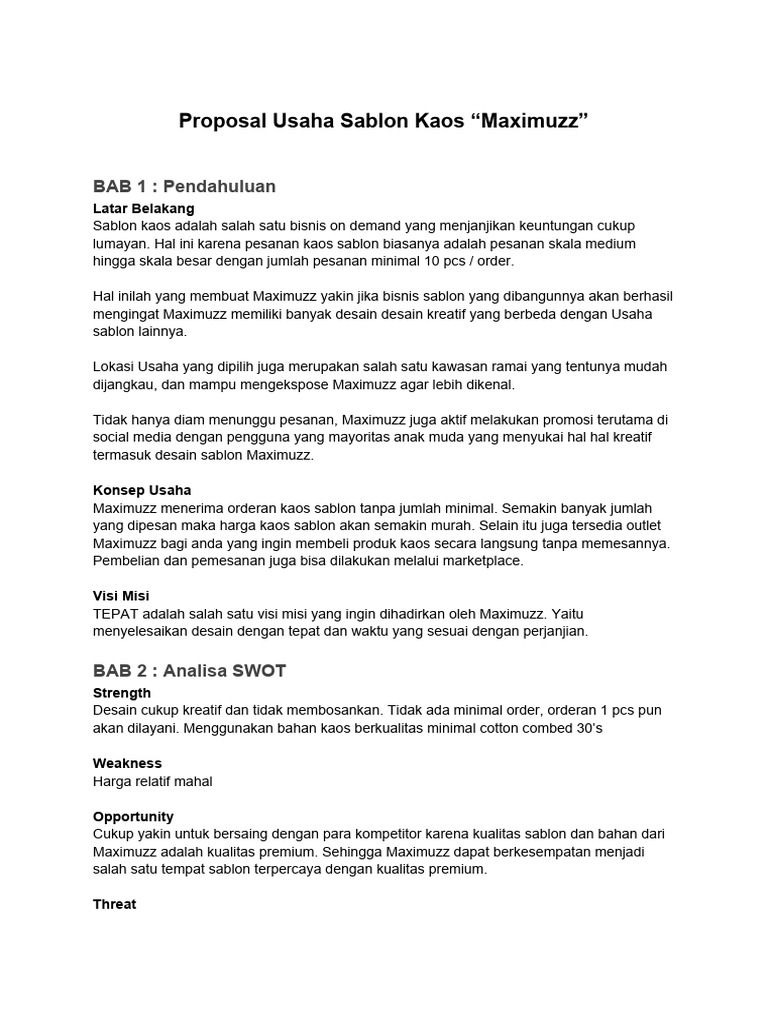 Proposal Usaha Sablon Kaos | PDF