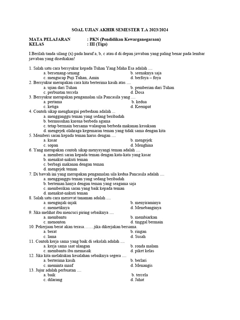 Soal Ujian PKN Kelas III T.A 2023/2024 | PDF