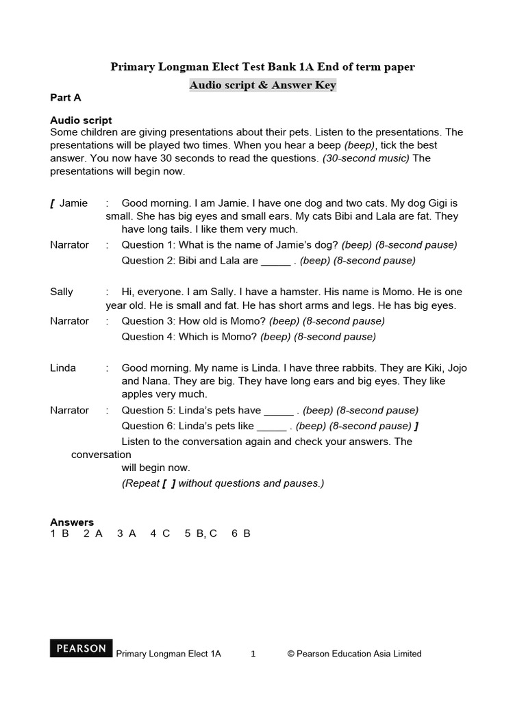 PLET - TB - 1A - ET - Answer Key | PDF | Animals And Humans