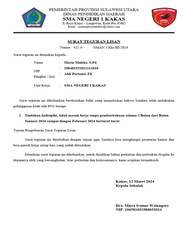 Surat Teguran Lisan - 12 Maret 2024 - Mario Maleke, S.PD | PDF