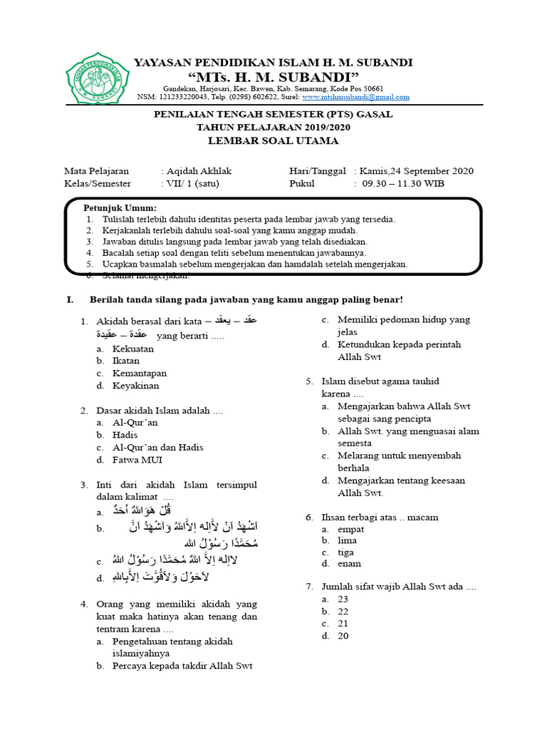 SOAL PTS AA 7 SMTR 1 2020 | PDF