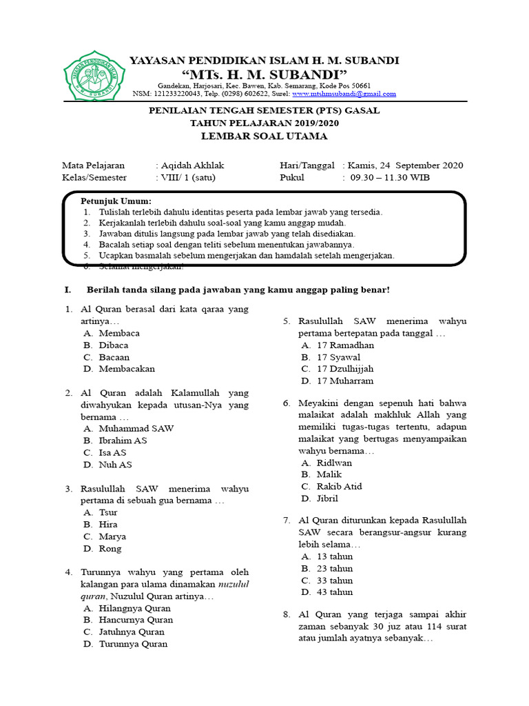 SOAL PTS AA 8 SMT 1 2020 | PDF