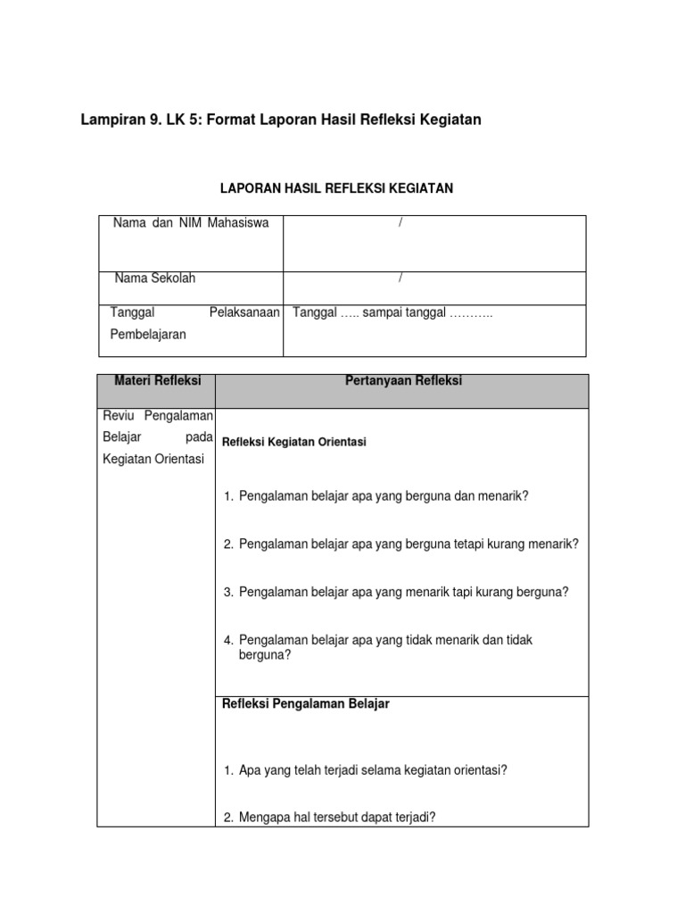 Lampiran 9. LK 5 Contoh Format Laporan Hasil Refleksi | PDF