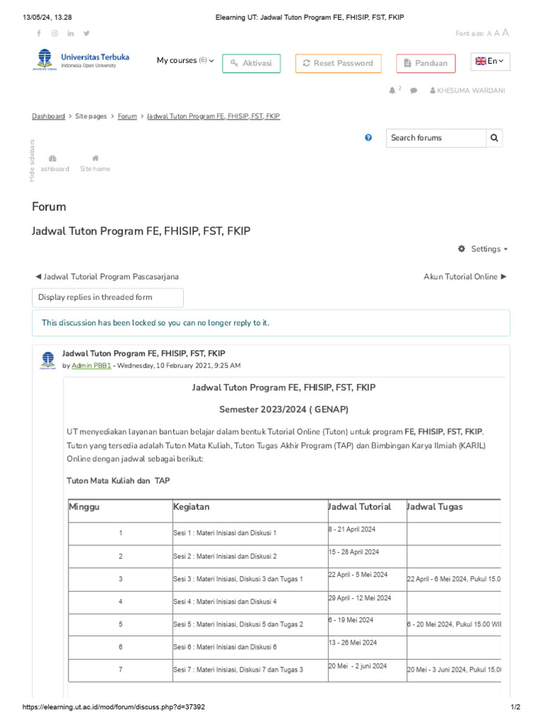 Elearning UT - Jadwal Tuton Program FE, FHISIP, FST, FKIP | PDF