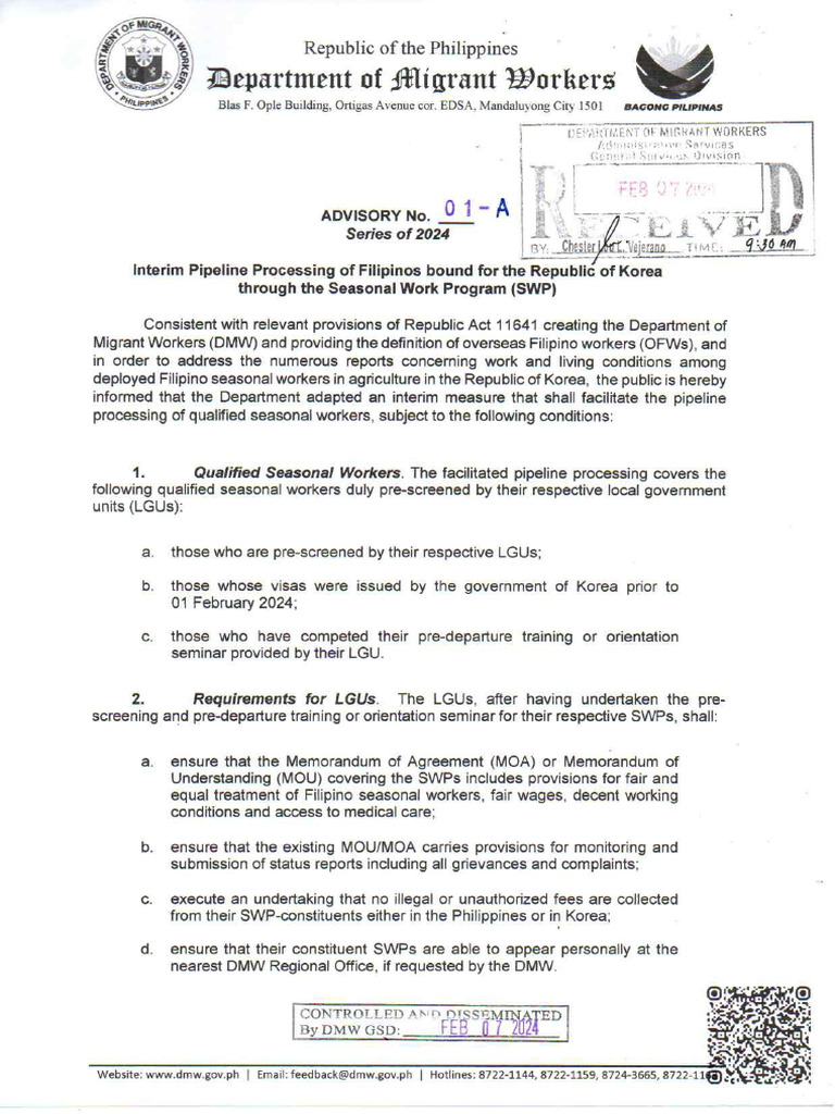 DMW Advisory 01 A 2024 | PDF