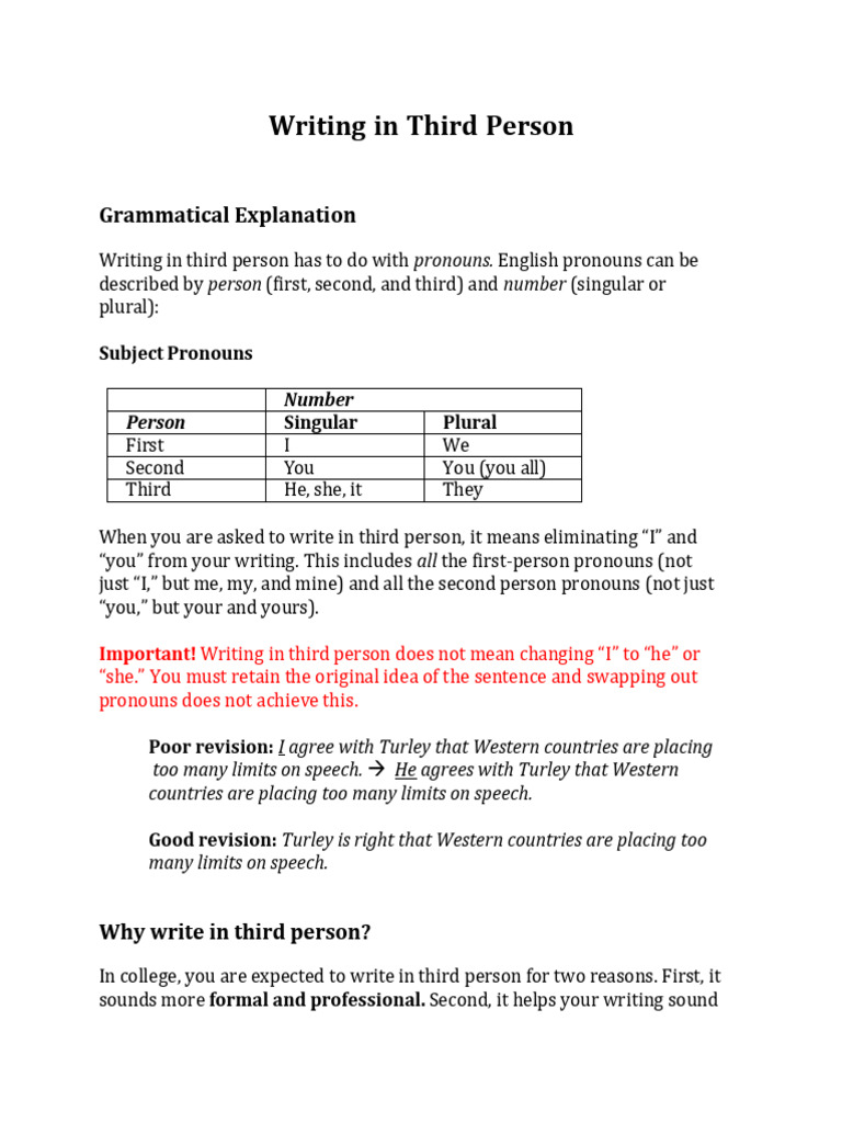 Third Person Writing Guide | PDF | Grammatical Number | Pronoun