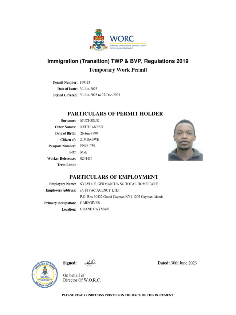 Temporary Work Permit For Muchenje, Keith Anesu | PDF | Temporary Work ...