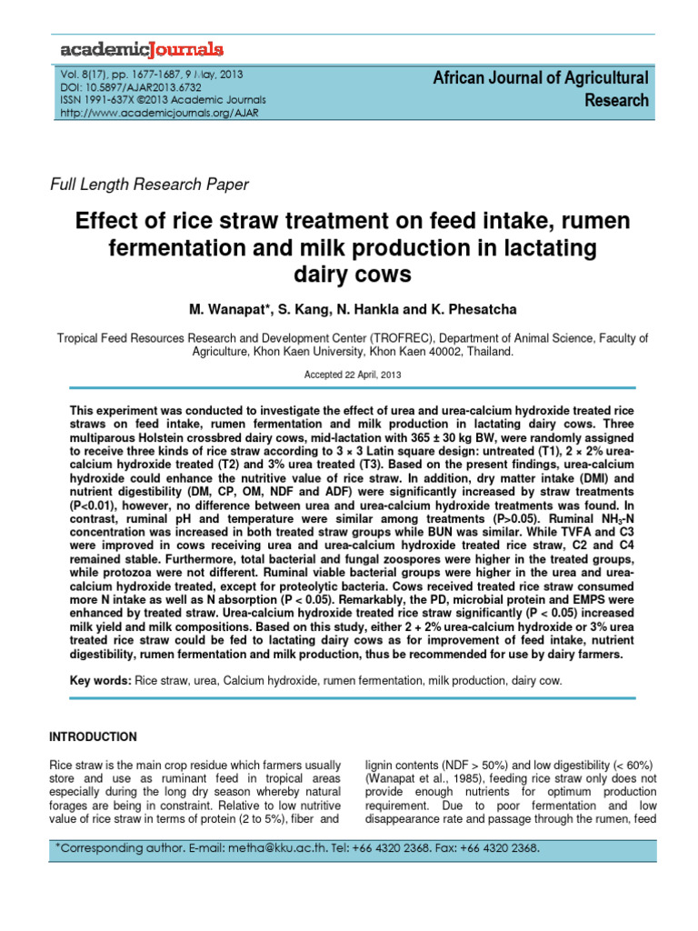 Effect of Rice Straw Treatment On Feed Intake | PDF | Cattle | Biology