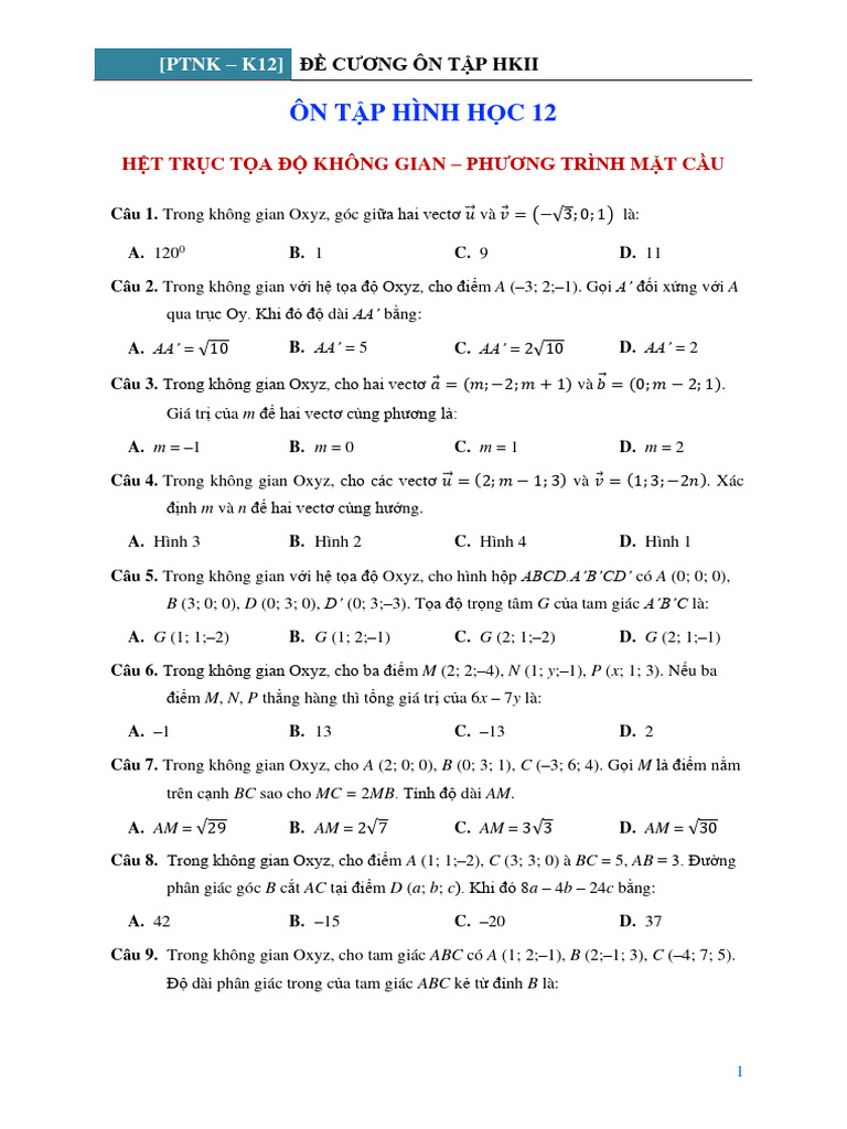 Đề cương ôn Hình học NC 12 HKII | PDF