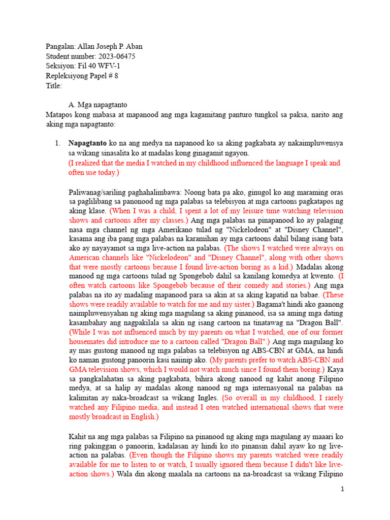 Paksa 8 Filipino and English Verson | PDF