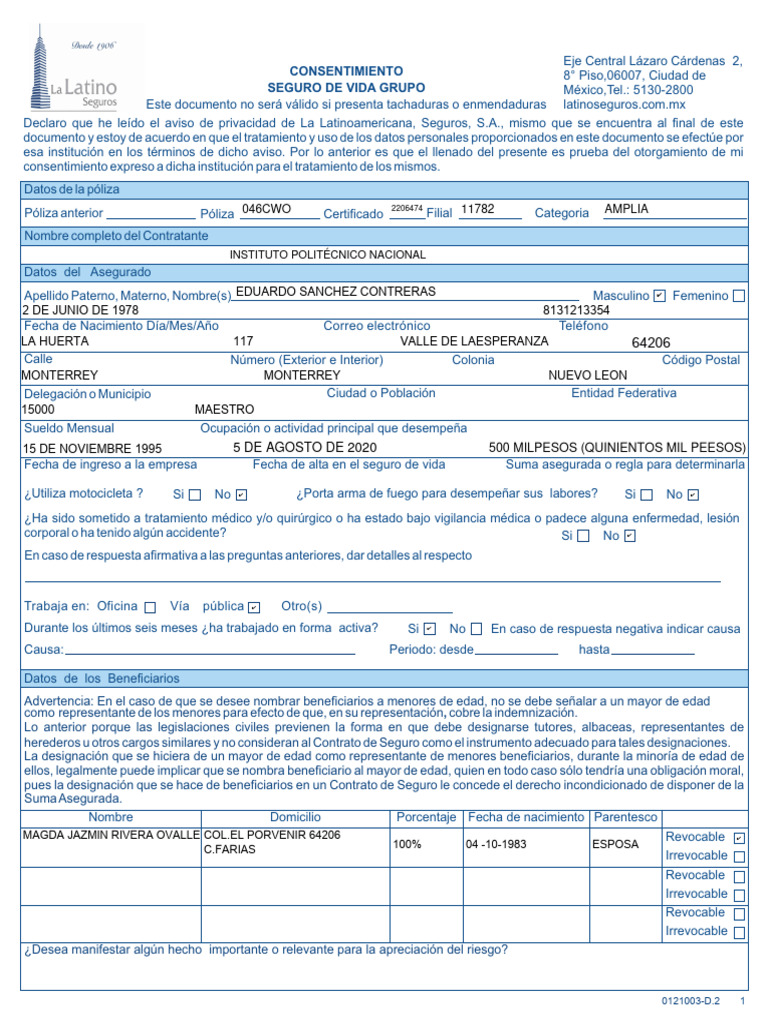 Consentimiento Seguro de Vida Grupo | PDF | Póliza de seguros | Seguro