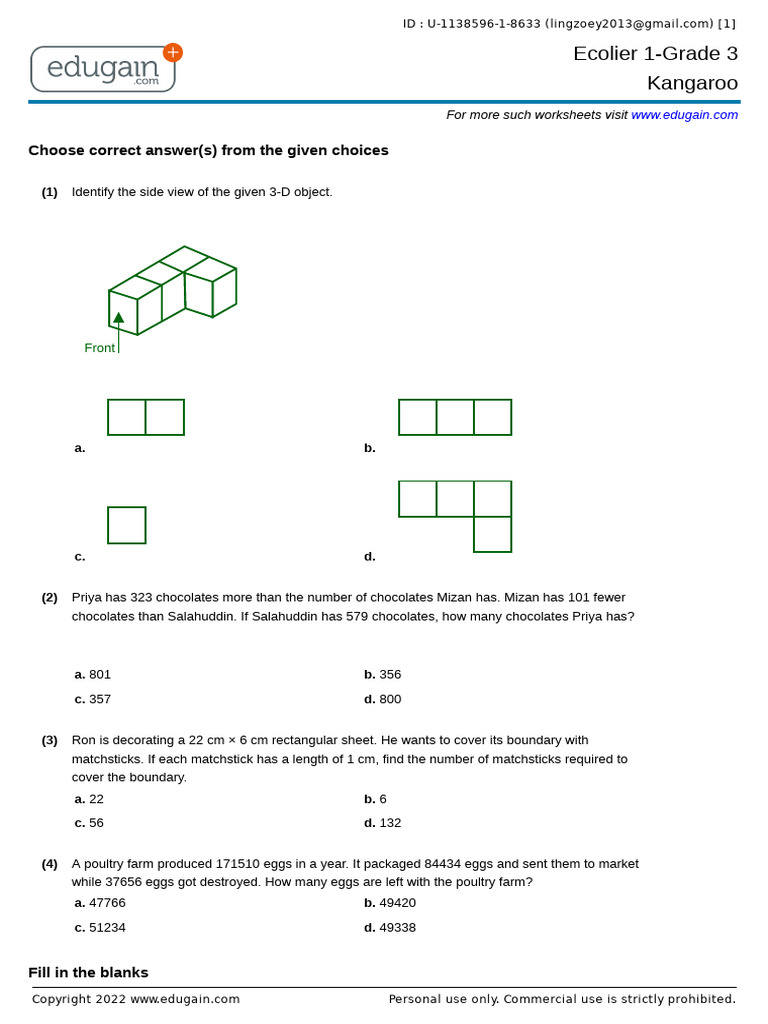 Grade3-Ecolier Kangaroo | PDF | Teaching Methods & Materials