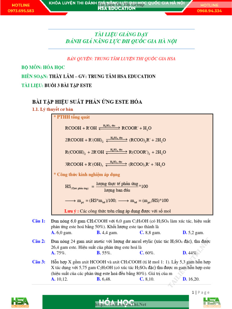 b03.Hsa.dạng Bài Tập Este | PDF