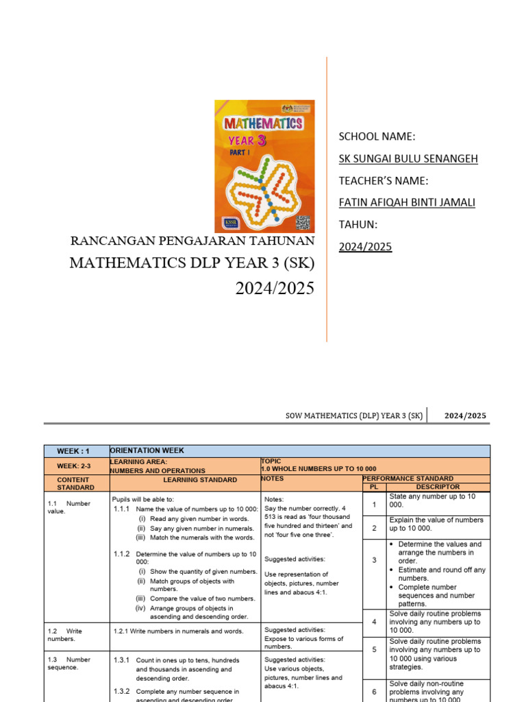 RPT Math DLP Year 3 | PDF | Percentage | Decimal